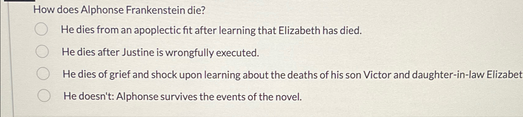Solved How does Alphonse Frankenstein die?He dies from an | Chegg.com