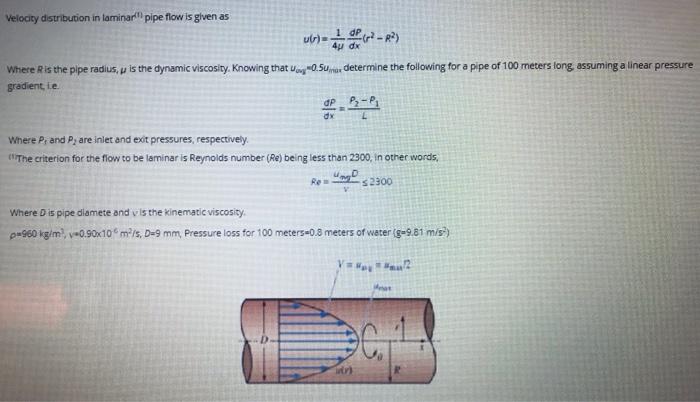 Solved Velocity distribution in laminar pipe flow is given | Chegg.com