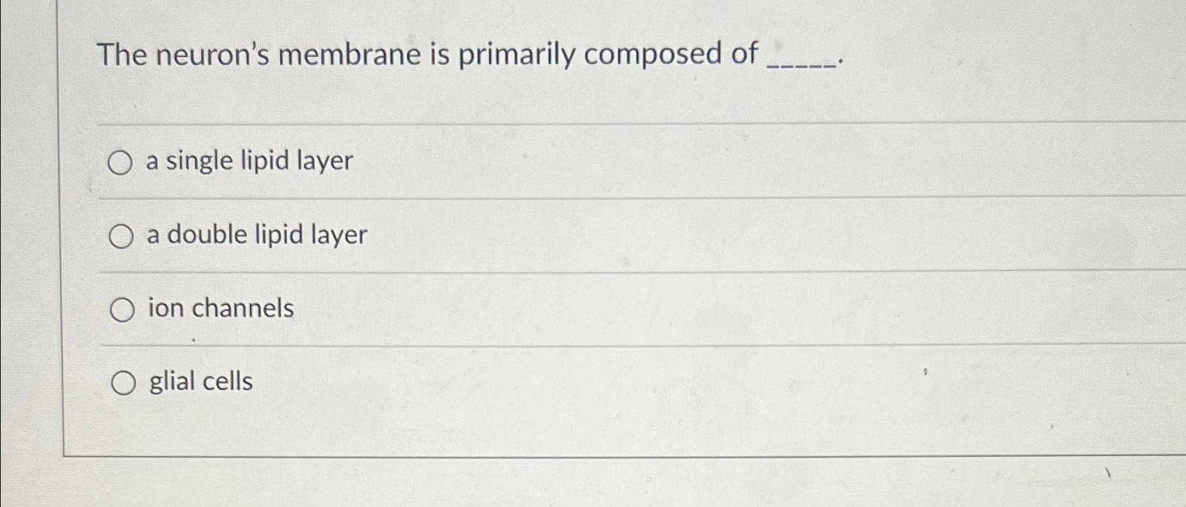 Solved The neuron's membrane is primarily composed ofa | Chegg.com