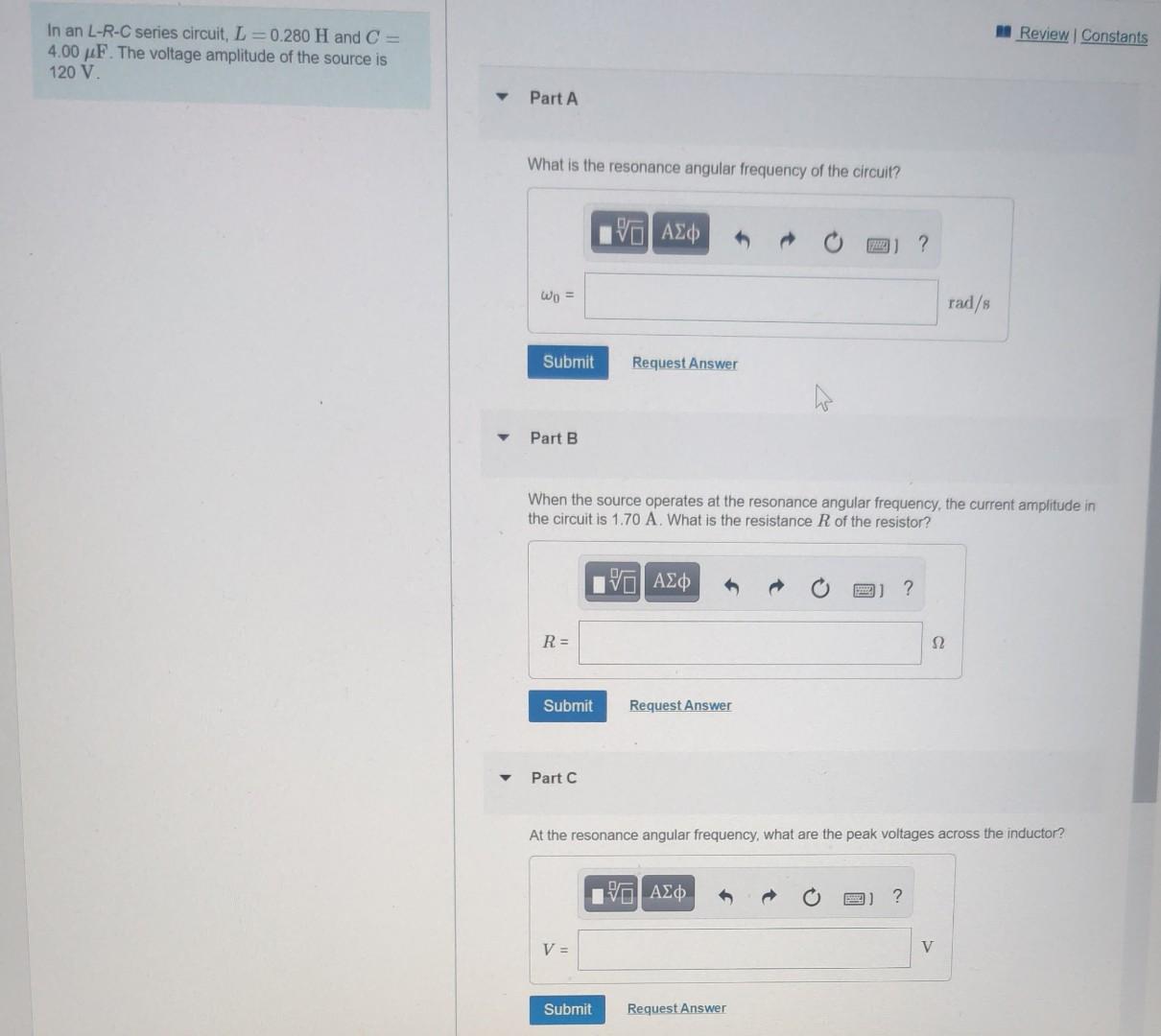 Solved Review Constants In an L-R-C series circuit, L=0.280 | Chegg.com