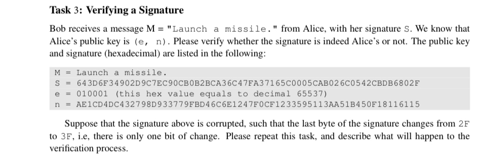 How to solve Task 3: Verifying a SignatureBob | Chegg.com