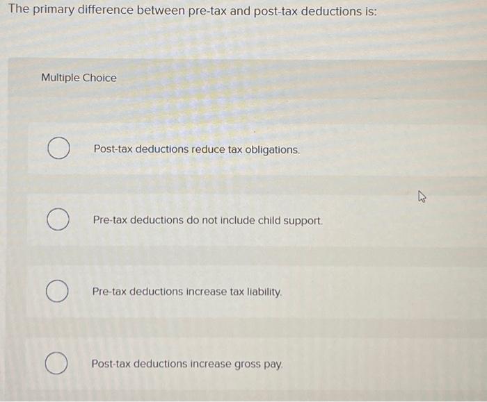 Solved The primary difference between pre-tax and post-tax | Chegg.com