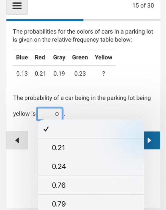 Solved The probabilities for the colors of cars in a parking | Chegg.com