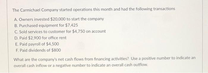 Solved The Carmichael Company started operations this month | Chegg.com