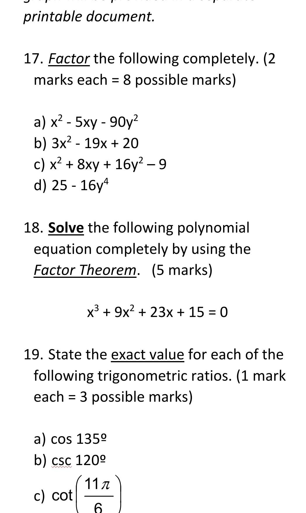 Solved printable document. 17. Factor the following | Chegg.com