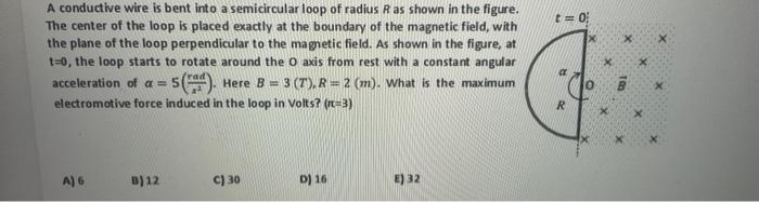 [Solved]: A conductive wire is bent into a semicircular loop
