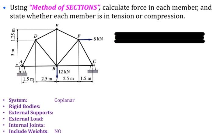 Solved Using "Method of SECTIONS”, calculate force in each | Chegg.com