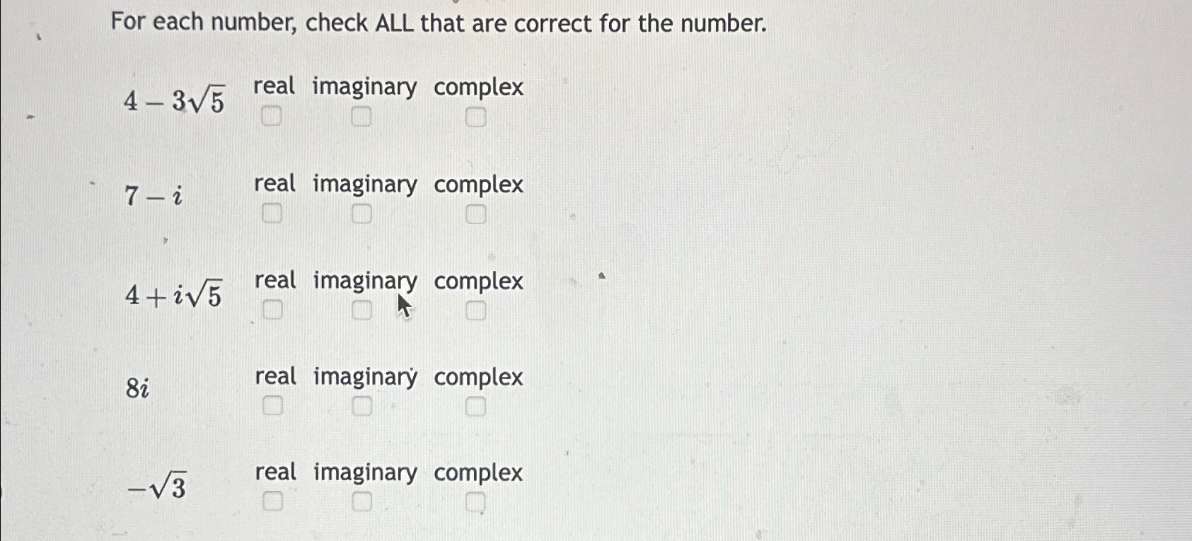 Solved For each number, check ALL that are correct for the | Chegg.com