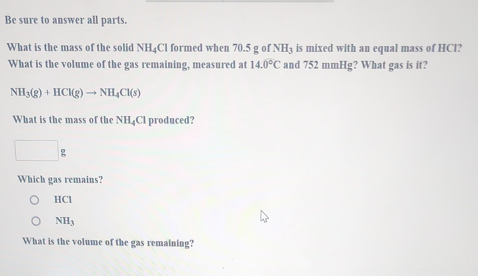 Solved What is the mass of the solid NH4Cl formed when 70.5 | Chegg.com