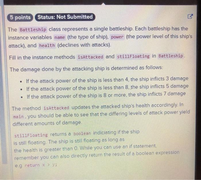 Solved 5 points Status: Not Submitted The Battleship class | Chegg.com
