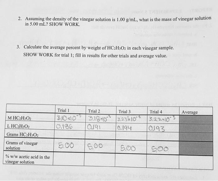 Solved 2. Assuming the density of the vinegar solution is | Chegg.com