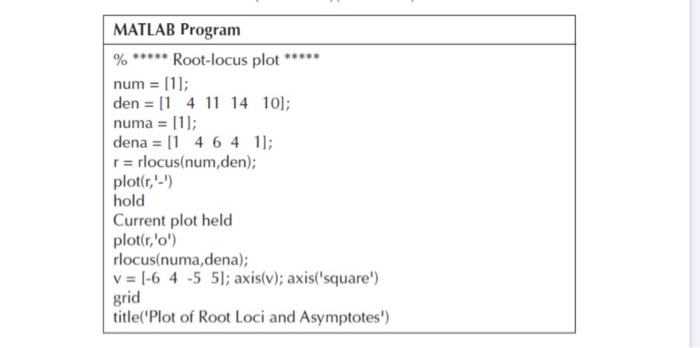 Solved MATLAB Program % ***** Root-locus plot ***** num = | Chegg.com