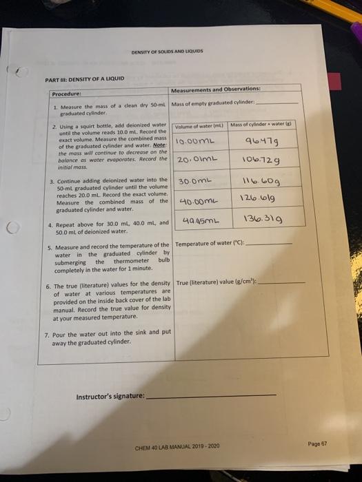 DENSITY OF SOLIDS AND LIQUIDS PART 1: DENSITY OF A | Chegg.com