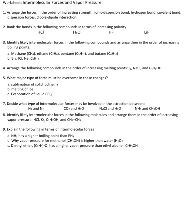 Solved Worksheet: Intermolecular Forces and Vapor Pressure | Chegg.com