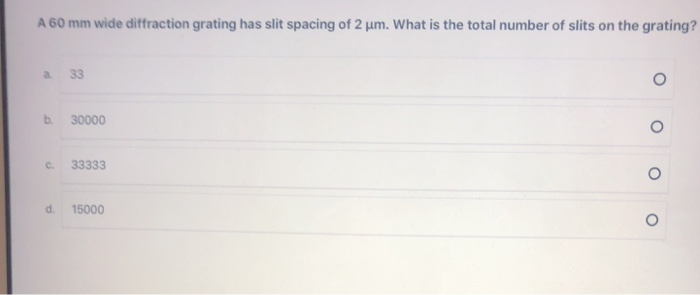 Solved A 60 mm wide diffraction grating has slit spacing of | Chegg.com