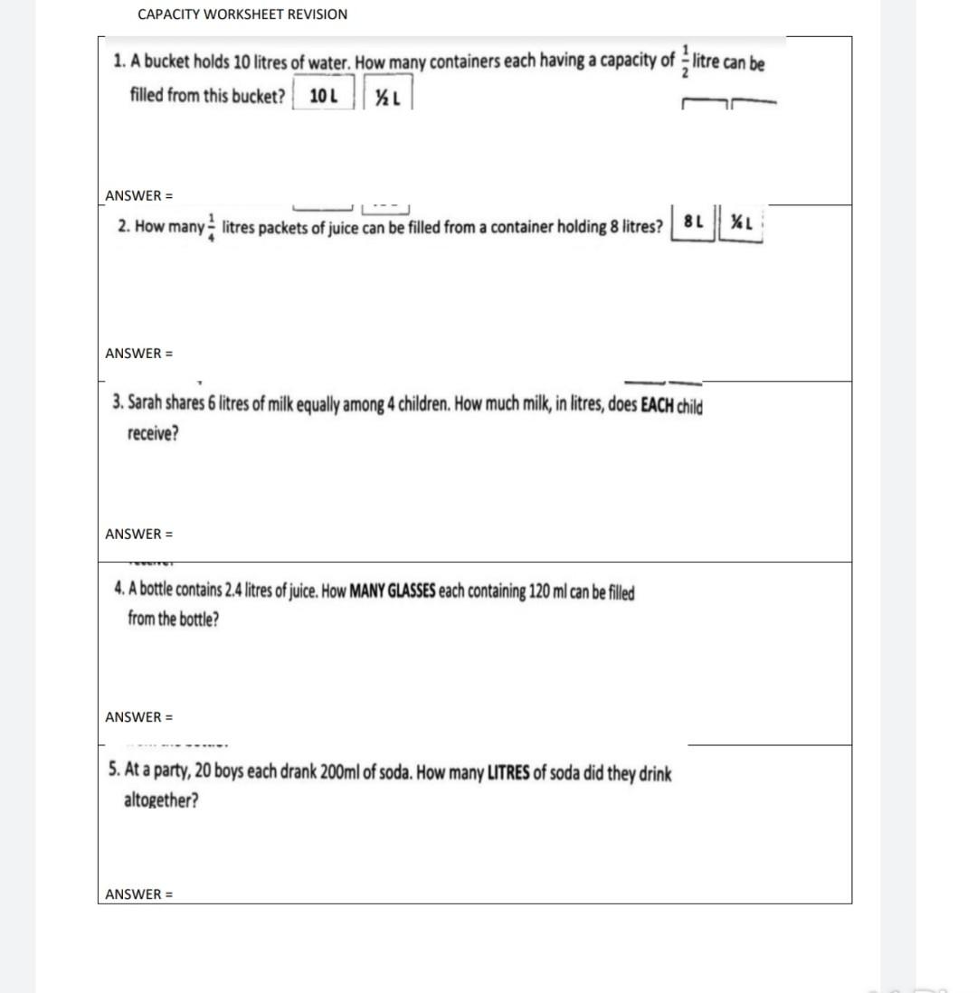 Solved CAPACITY WORKSHEET REVISION 1. A bucket holds 10 | Chegg.com