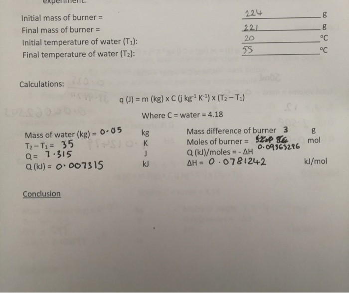 experiment. 224 Initial mass of burner = Final mass | Chegg.com