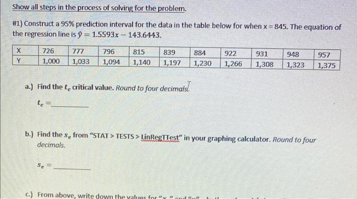 Solved \#1) Construct a 95% prediction interval for the data | Chegg.com