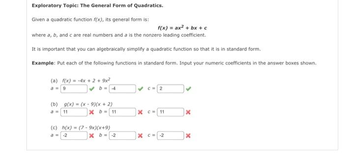 Solved Exploratory Topic: The General Form of Quadratics. | Chegg.com