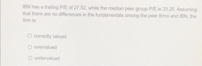 Solved IBN has a trailing P/E of 27.52, while the median | Chegg.com