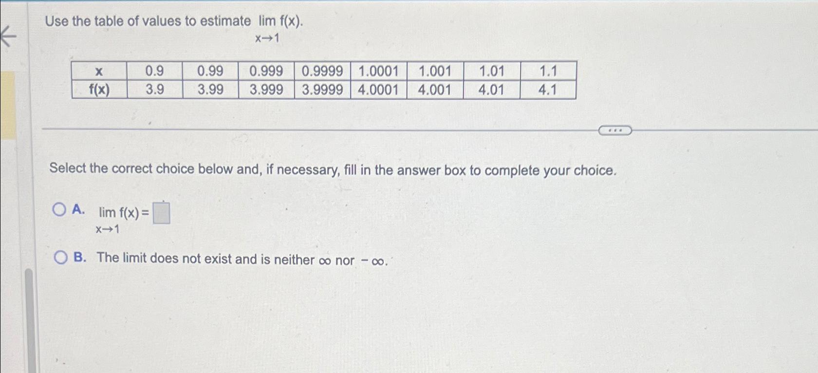 Solved Use the table of values to estimate | Chegg.com