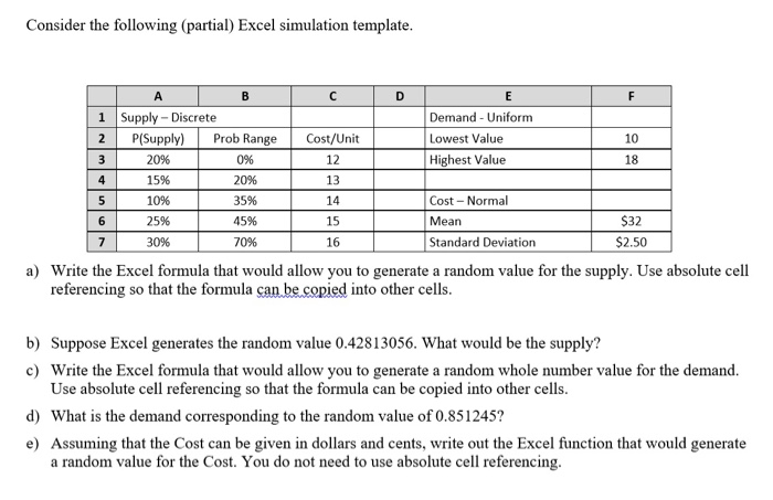 Solved Consider the following (partial) Excel simulation | Chegg.com
