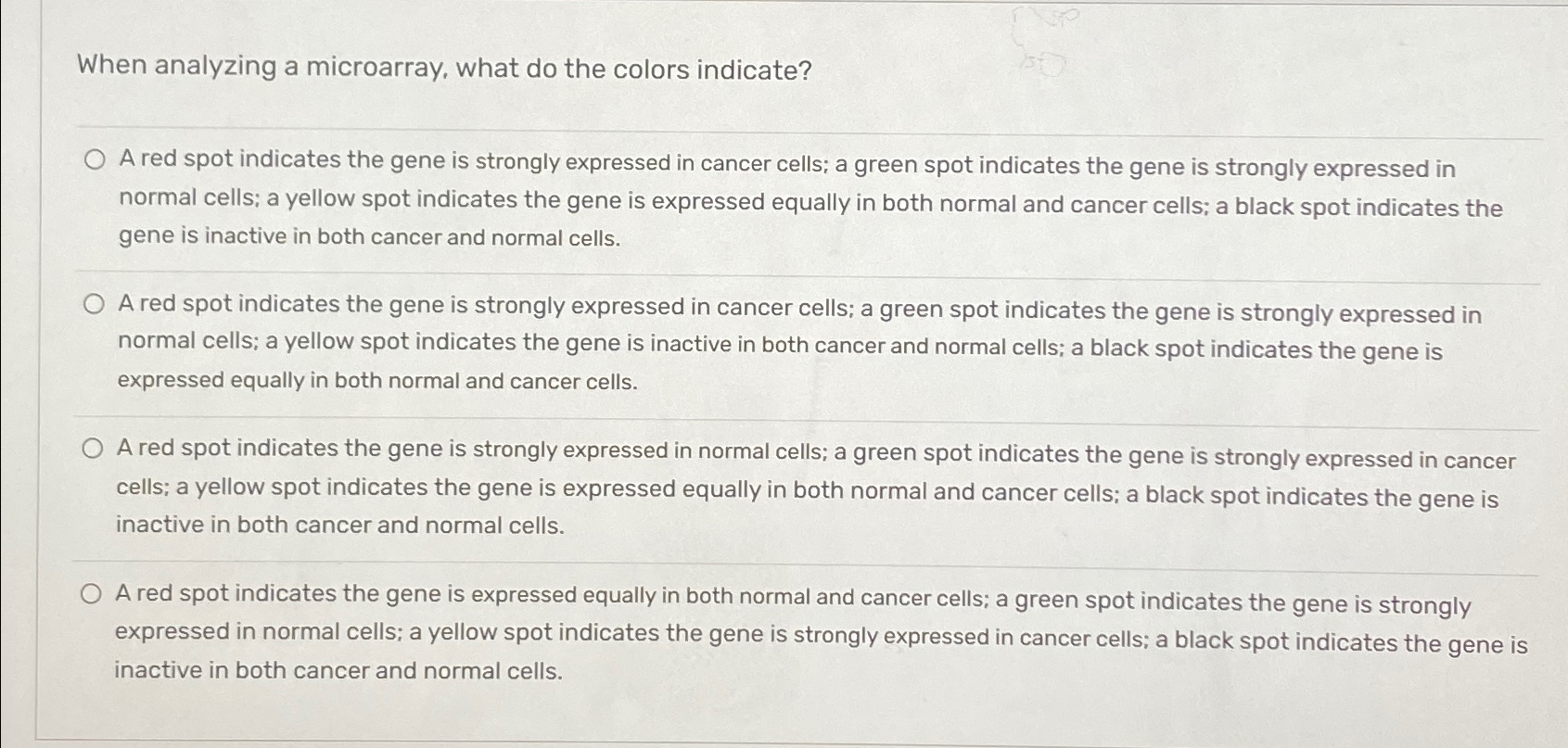 Solved When analyzing a microarray, what do the colors | Chegg.com