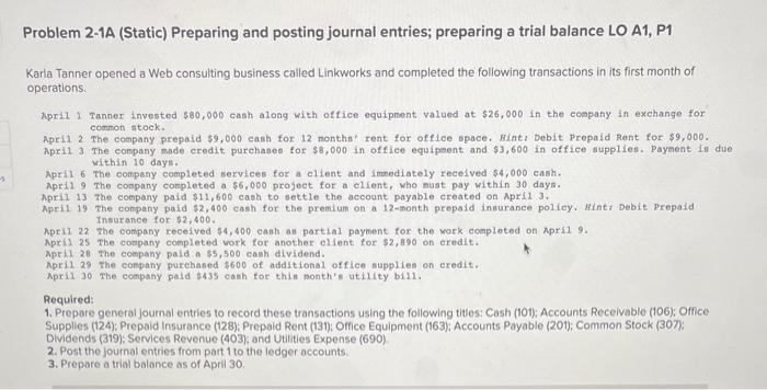 Solved Problem 2-1A (Static) Preparing and posting journal | Chegg.com