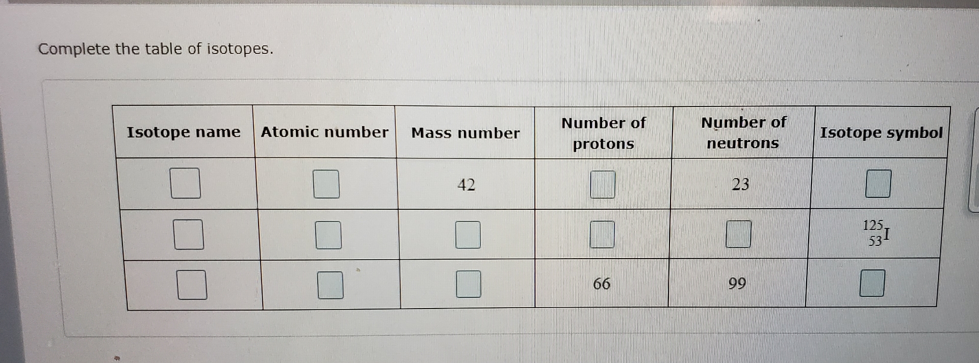 Solved Complete the table of isotopes.\table[[Isotope | Chegg.com