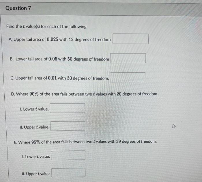 Solved ind the t value(s) for each of the following. A. | Chegg.com
