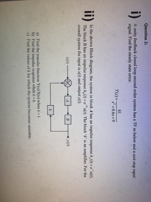Solved Question 2: A unity feedback closed loop second order | Chegg.com