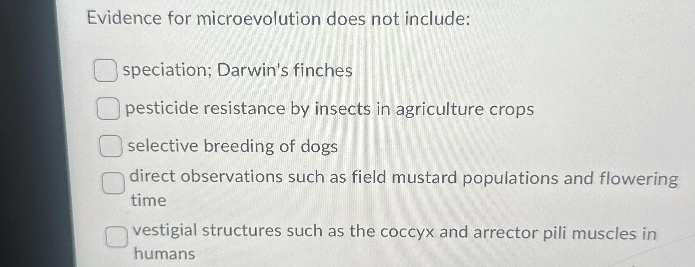 Solved Evidence for microevolution does not | Chegg.com