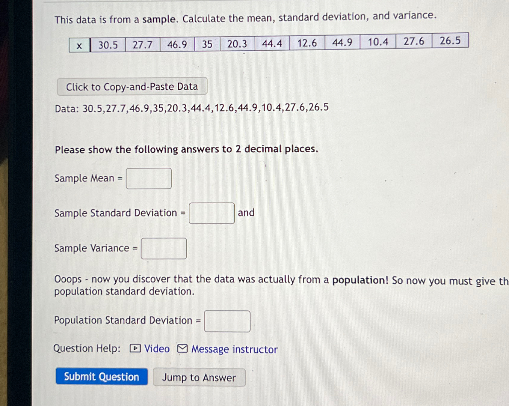 Solved This data is from a sample. Calculate the mean, | Chegg.com