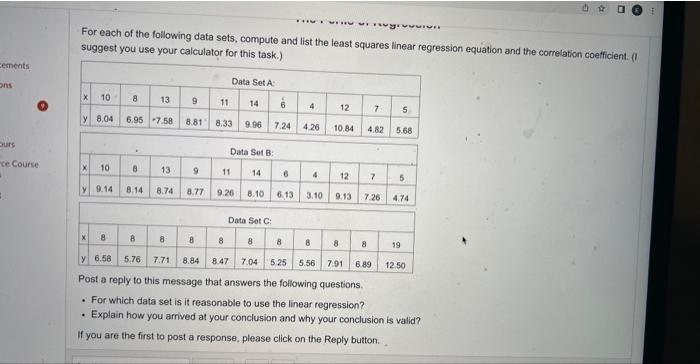 Solved For each of the following data sets, compute and list | Chegg.com