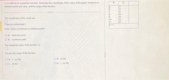 Solved Y₁ is defined as a quadratic function. Determine the | Chegg.com