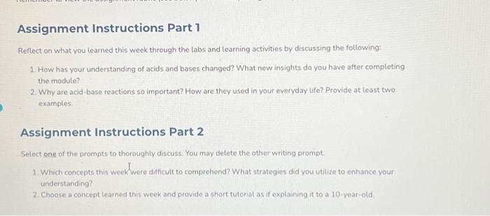 Solved Assignment Instructions Part 1 Reflect on what you | Chegg.com
