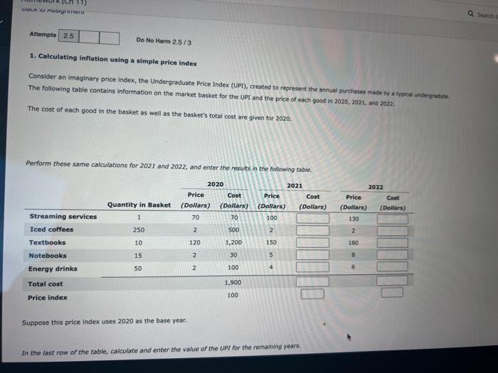Solved 1. Calculating inflation using a simple price index | Chegg.com
