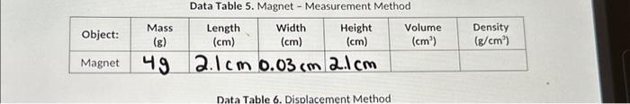 Solved Data Table 5. Magnet - Measurement Method Mass Length | Chegg.com