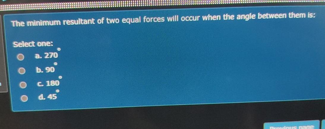 Solved The minimum resultant of two equal forces will occur | Chegg.com