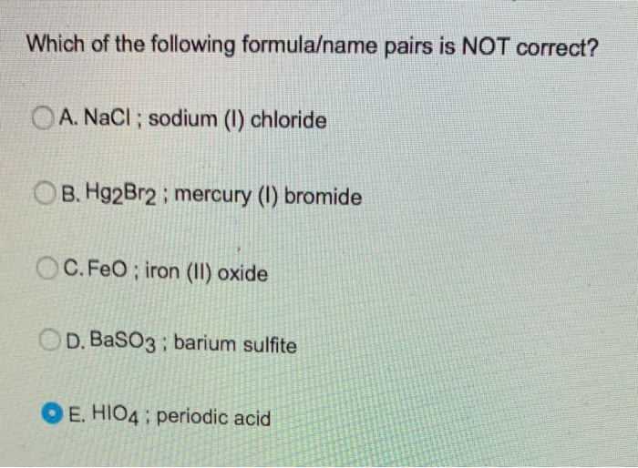 Solved Which of the following formula/name pairs is NOT | Chegg.com