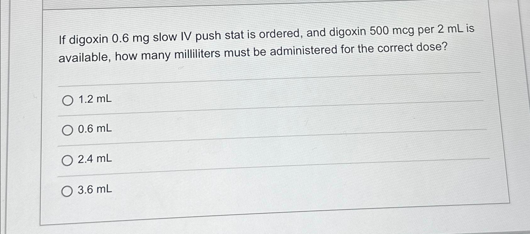 Solved If digoxin 0.6mg ﻿slow IV push stat is ordered, and | Chegg.com
