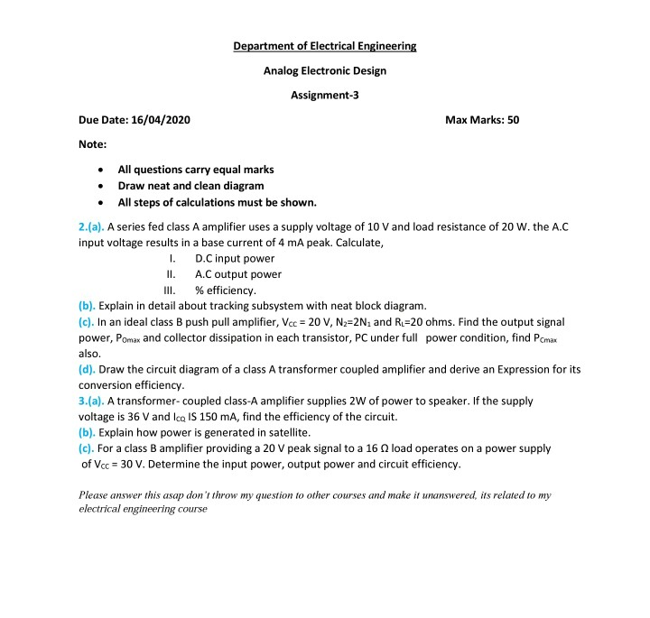 Solved Department of Electrical Engineering Analog | Chegg.com
