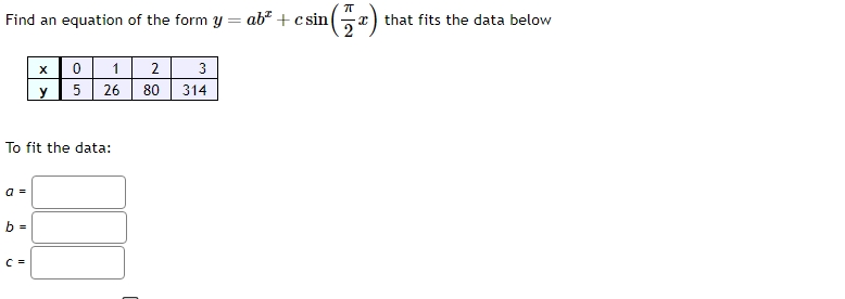 Solved Find an equation of the form y=abx+csin(π2x) ﻿that | Chegg.com