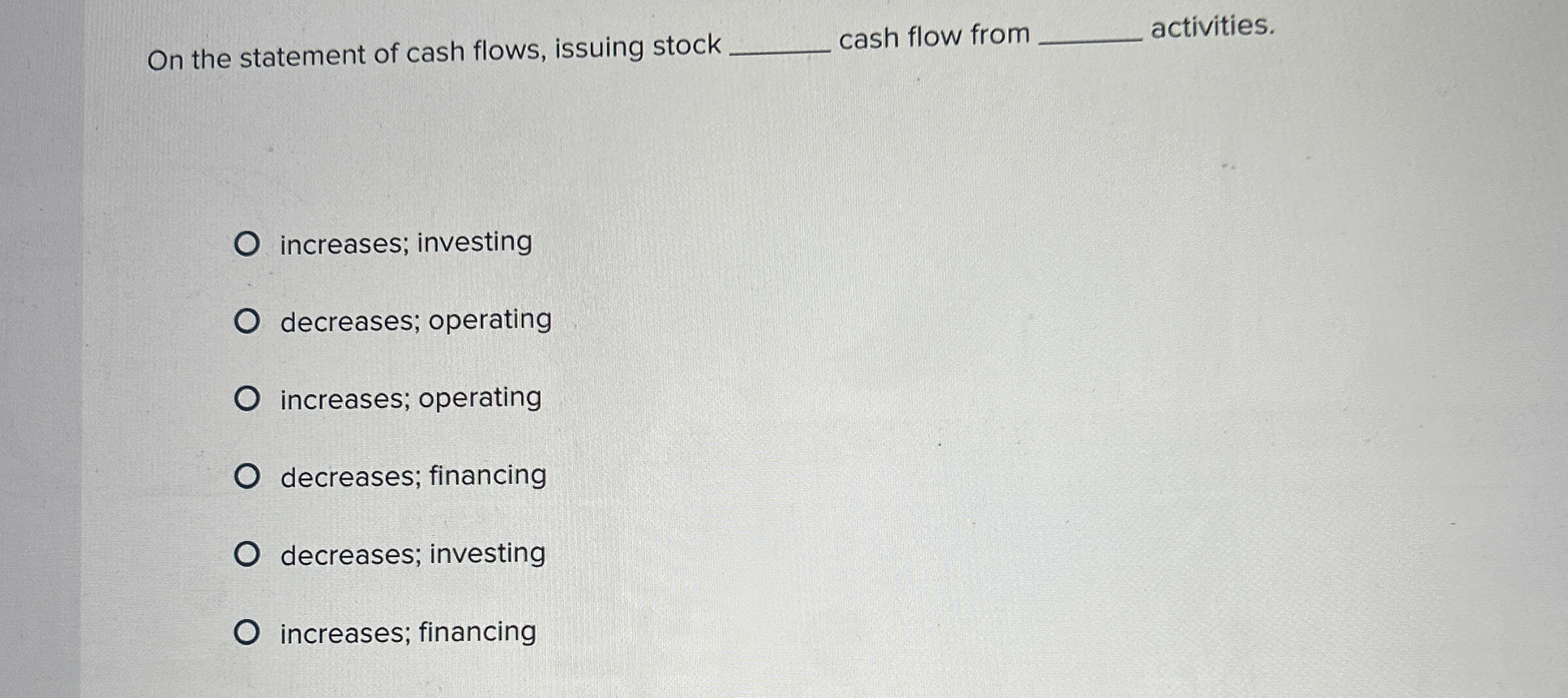 Solved On the statement of cash flows, issuing stock ﻿cash | Chegg.com