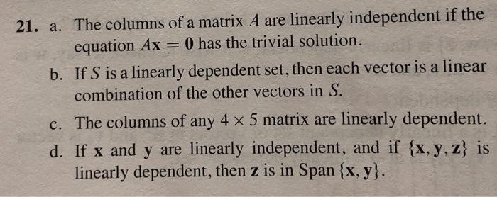 Solved 21. a. The columns of a matrix A are linearly | Chegg.com