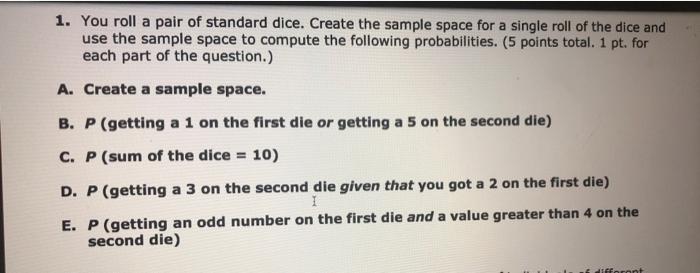 Solved 1. You roll a pair of standard dice. Create the | Chegg.com