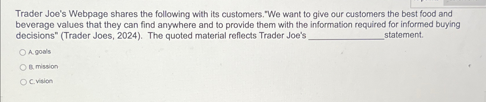 Solved Trader Joe's Webpage shares the following with its | Chegg.com
