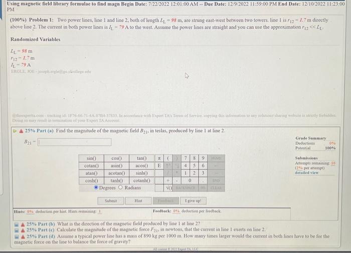 Solved (100\%) Problem 1: Two power lines, line I and line 2 | Chegg.com