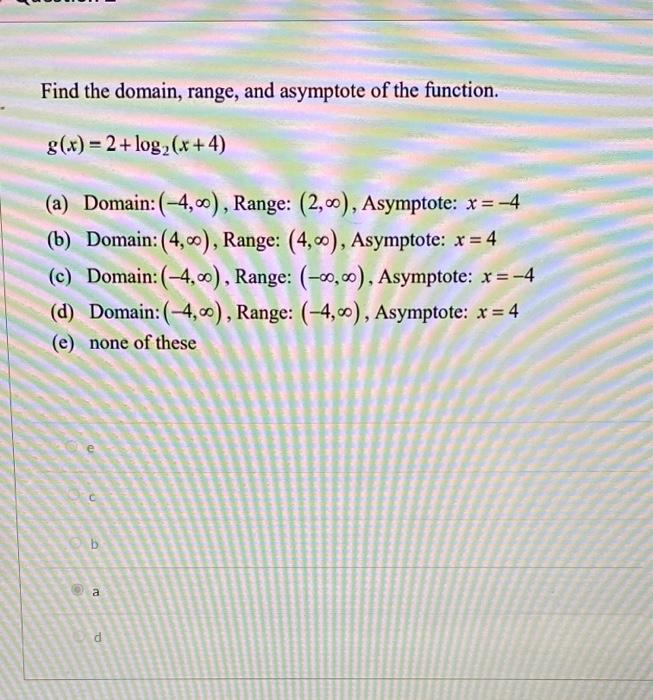 Solved Find the domain, range, and asymptote of the | Chegg.com