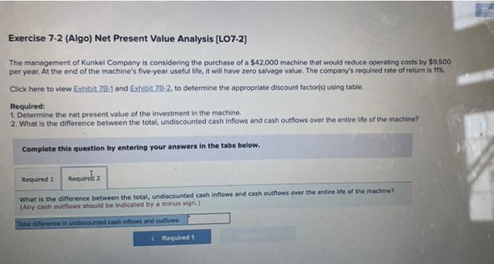 Solved Exercise 7-2 (Algo) Net Present Value Analysis | Chegg.com